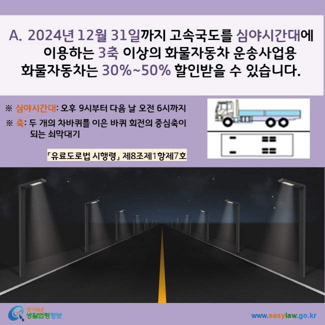 카드형 화물자동차 운송사업개인 심야에 고속국도를 통행하는 화물자동차는 통행료를 할인받을 수 있다는데요 할인 대상 차량과 시행기간은 언제인가요 찾기쉬운 생활법령정보